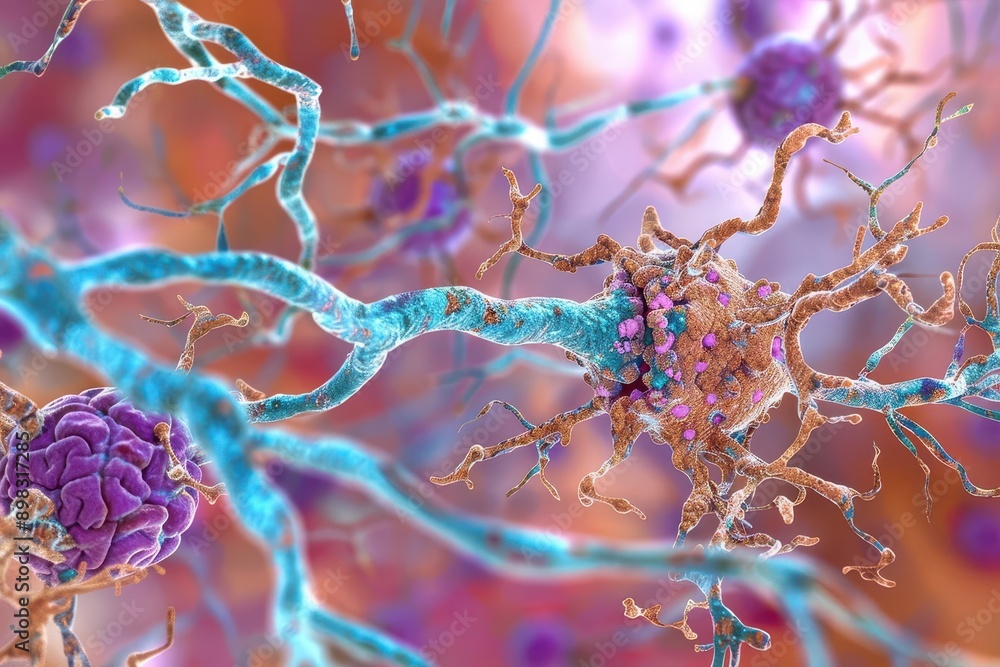 ภาพประกอบสต็อก medical illustration depicting neuron affected by alzheimers disease detailed ...