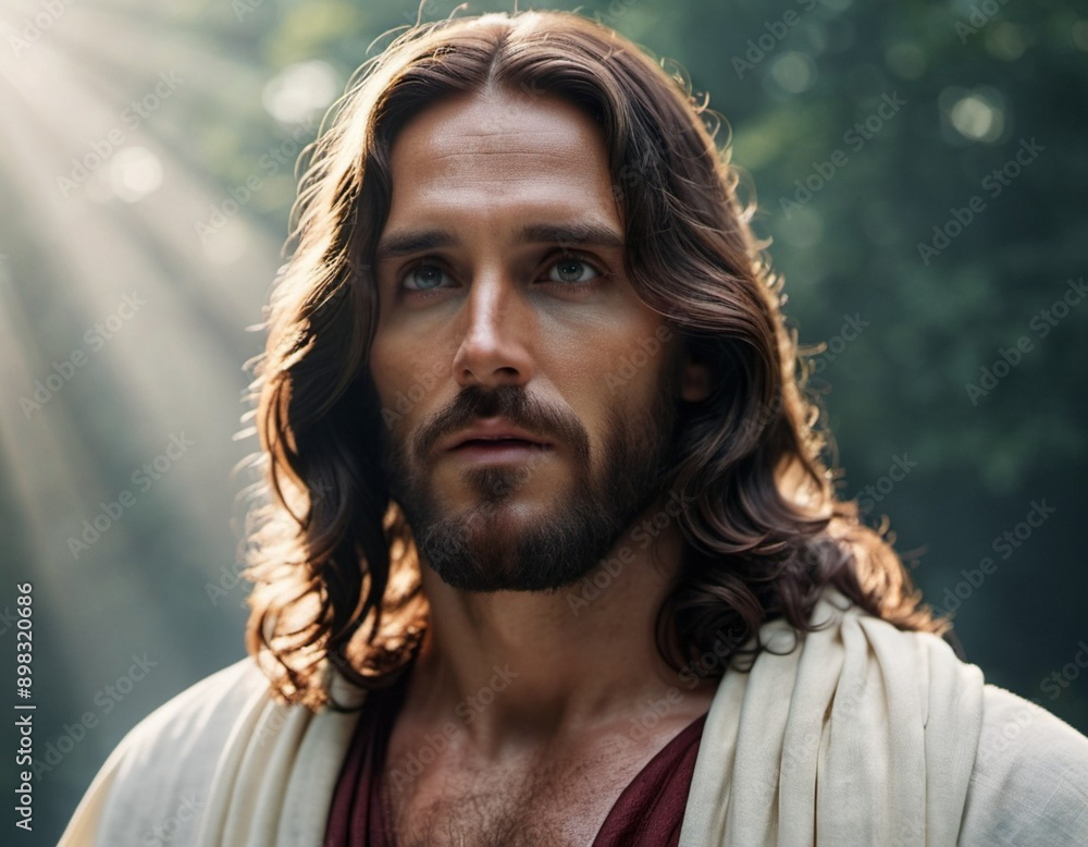 Portrait of a Man Dressed as Jesus. White robe. Long brown hair and ...