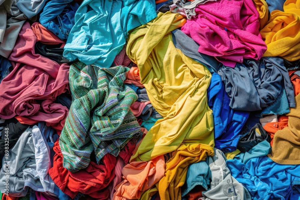 overflowing pile of discarded clothing in vibrant colors fast fashion waste concept textile ...