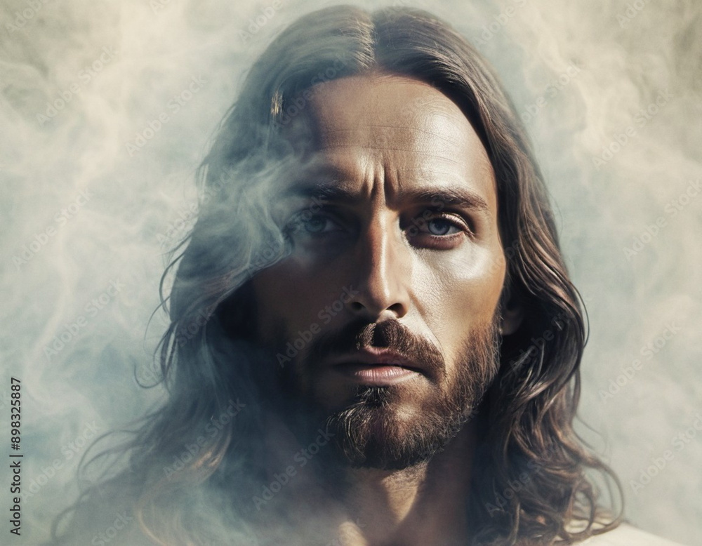 Portrait of a Man Dressed as Jesus. White robe. Long brown hair and ...