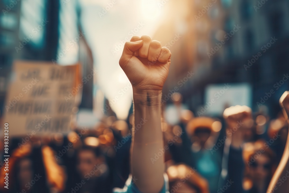 powerful raised fist emerging from diverse crowd of protesters dramatic ...