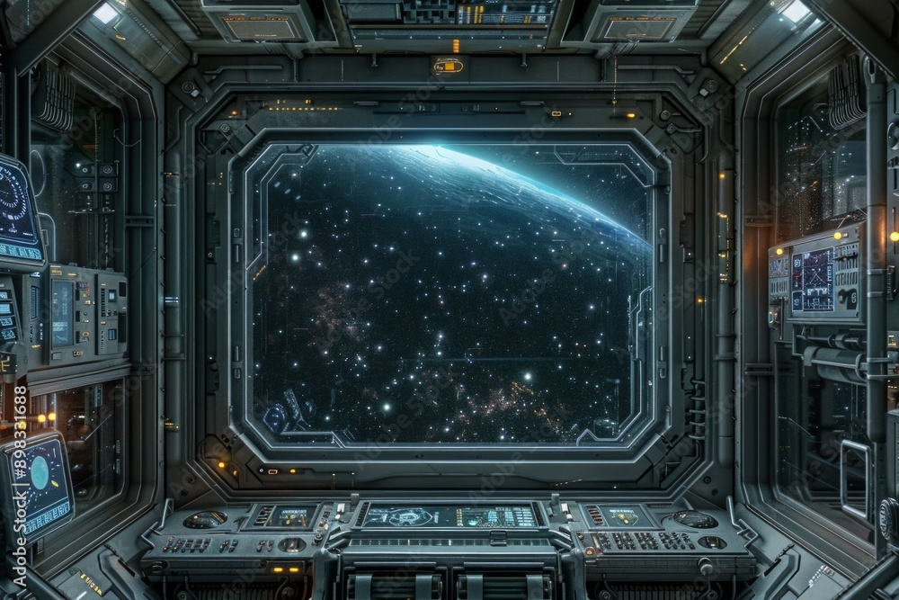 Space Station Window. A frame of futuristic metal and glass, with ...
