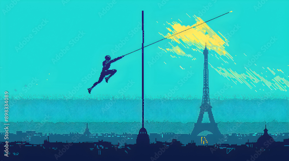 Retro Video Game Pole Vault: 8-bit video game-style illustration of a ...