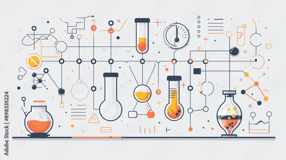 Precise chemical lab flow chart with experiment stages and a bioreactor ...