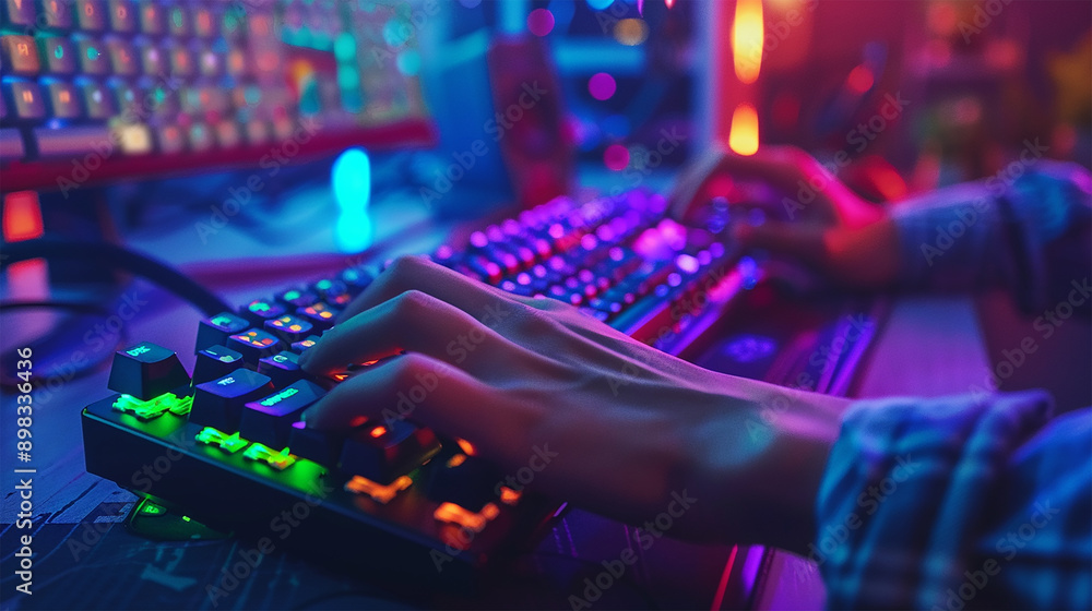 image of hands on a mechanical keyboard with RGB lighting, a modern ...