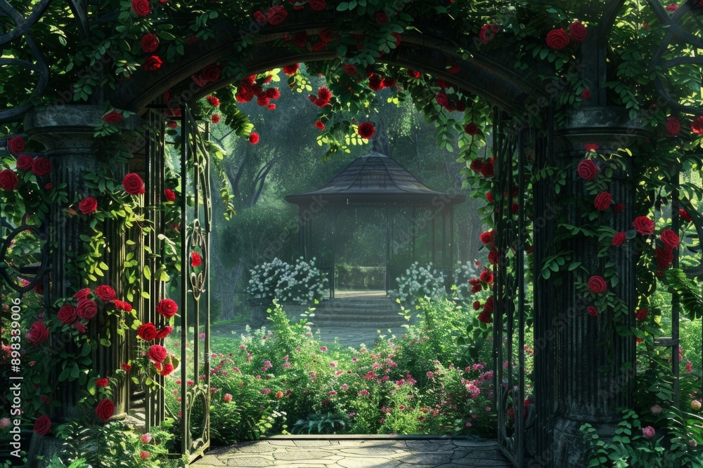 Victorian Garden, wrought iron with climbing roses and ivy. The center ...