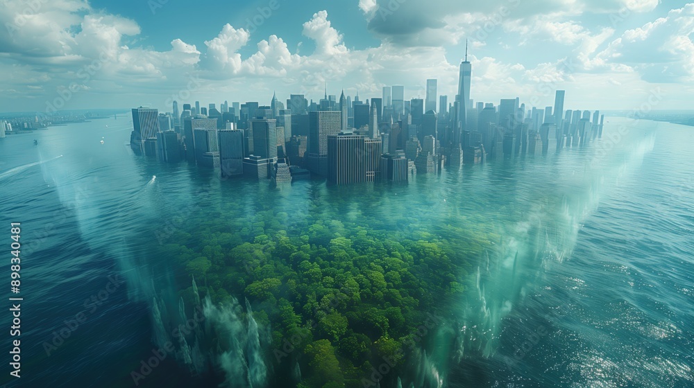 Rising Sea Levels: A city skyline partially submerged underwater ...