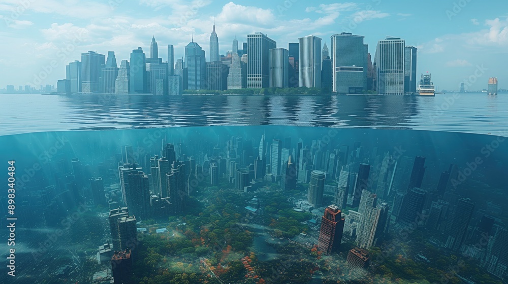 Rising Sea Levels: A city skyline partially submerged underwater ...