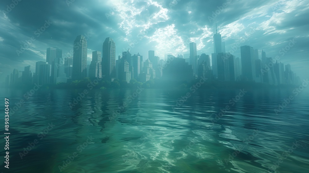 Rising Sea Levels: A city skyline partially submerged underwater ...