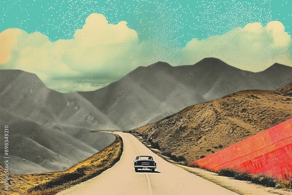 Collage Retro dreamy of a car driving on expressway through mountains ...