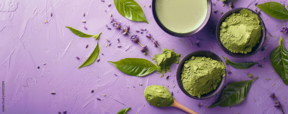 Mockup of matcha tea powder with leaves on a lavender background ...