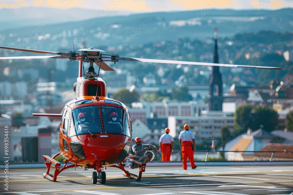 An emergency medical evacuation helicopter landing on a hospital ...
