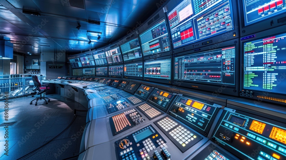 Control room in a power plant, filled with monitors and control panels ...