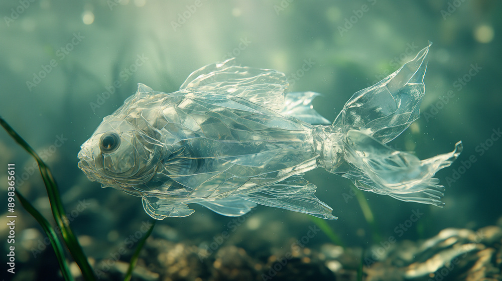 An underwater scene where a fish-shaped object made of a transparent ...