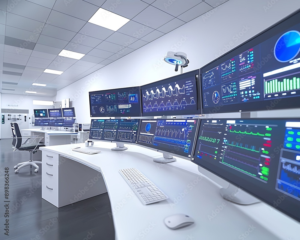 An advanced hospital control room with multiple screens displaying ...