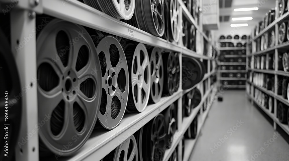 Well-organized storage room with shelves of stacked film reels in a ...
