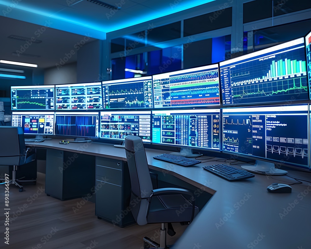 An advanced hospital control room with multiple screens monitoring ...