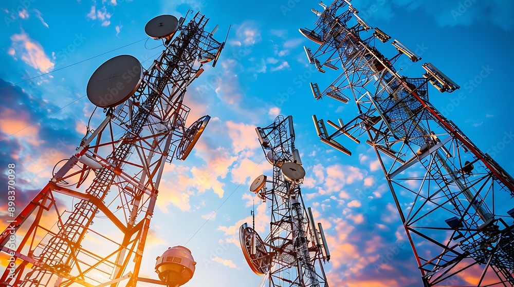 Telecommunication network infrastructure displayed with cell towers ...