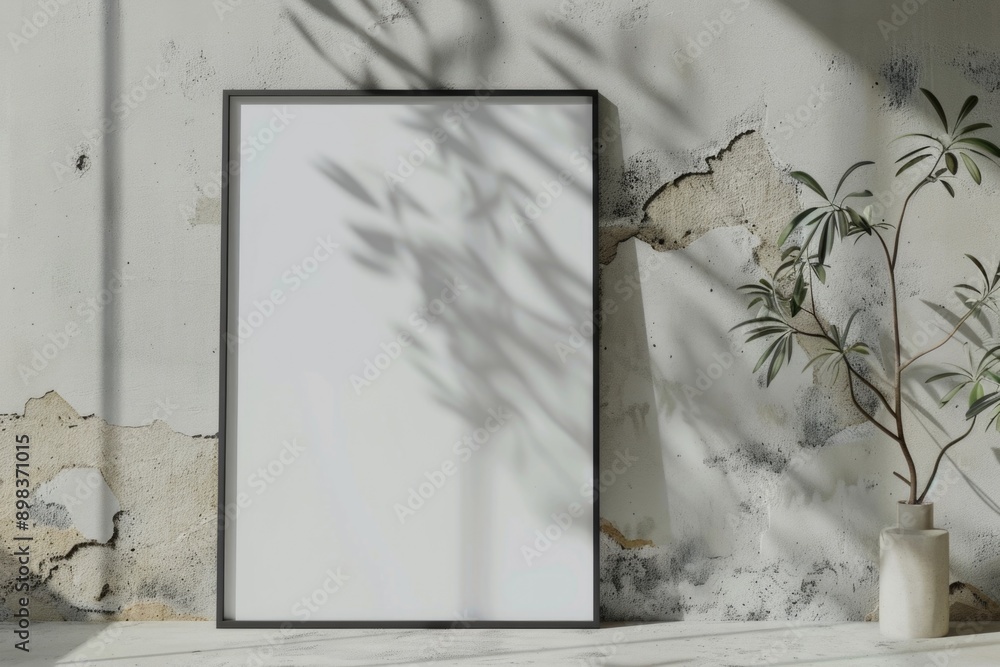 Empty White Poster in Thin Frame Against Aged Wall with Plant Shadow ...