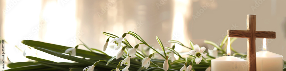 Christian background, banner with wooden cross, candles and spring ...