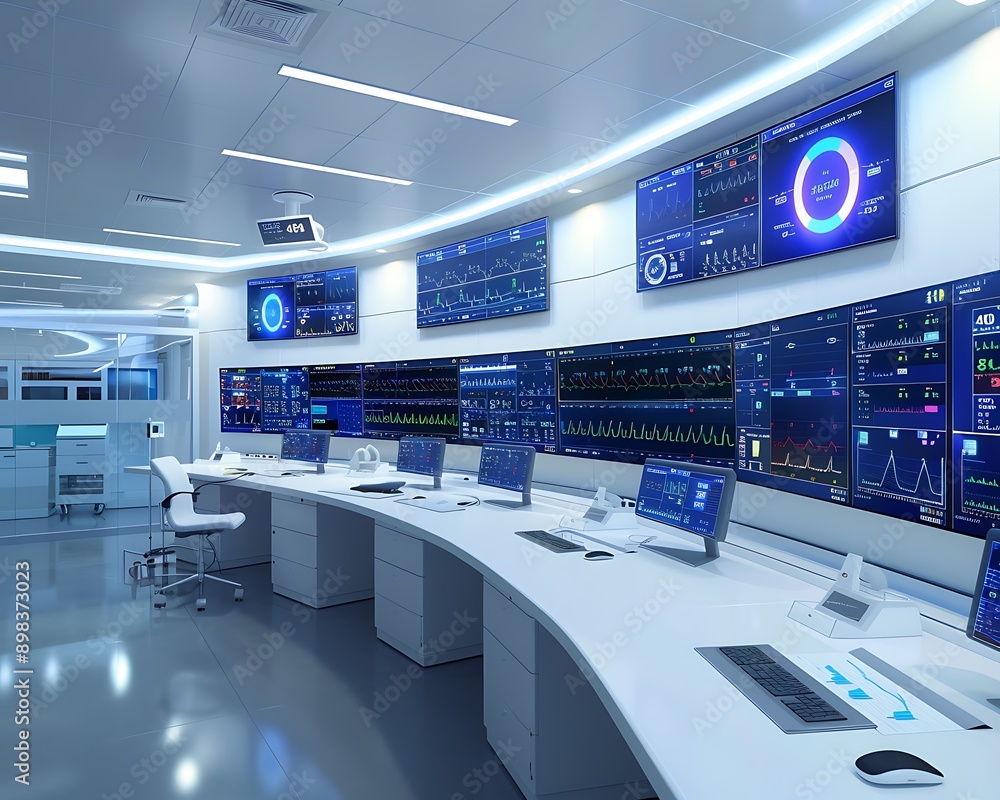 An advanced hospital control room with multiple screens monitoring ...