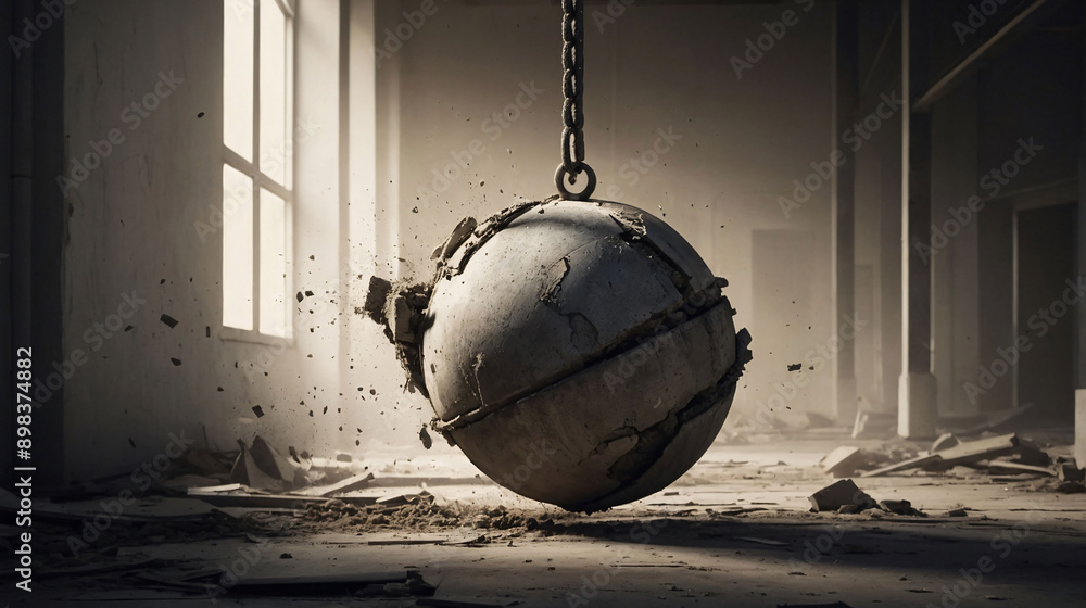 Wrecking ball smashing through concrete walls at demolition site in old ...