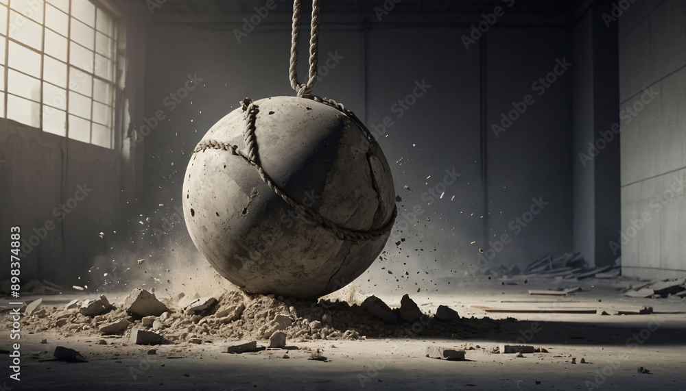Wrecking ball smashing through concrete walls at demolition site in old ...