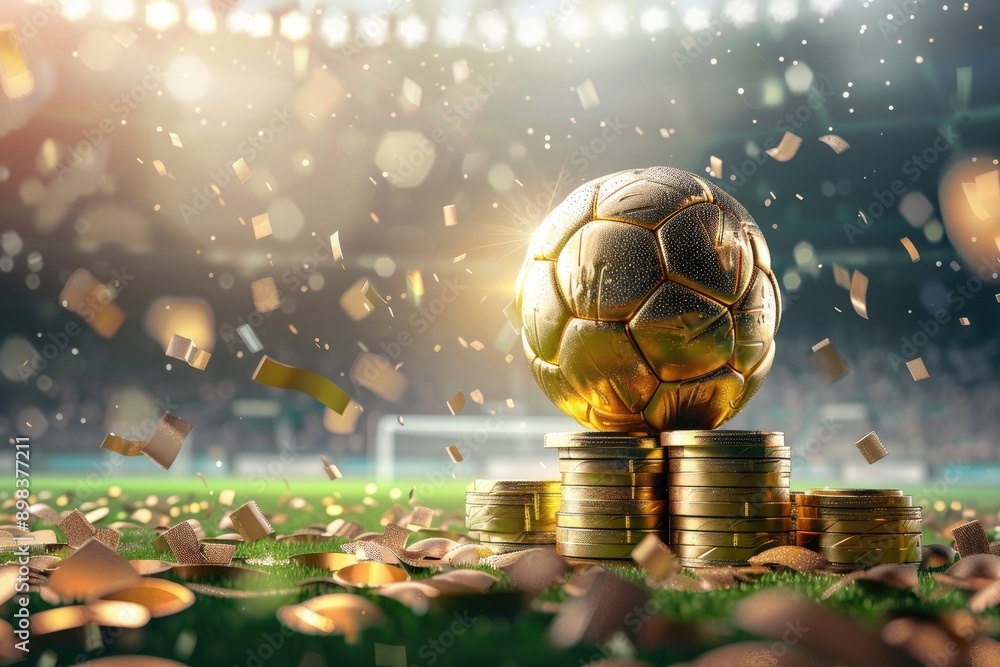 Golden soccer ball on coins with stadium backdrop and floating confetti ...