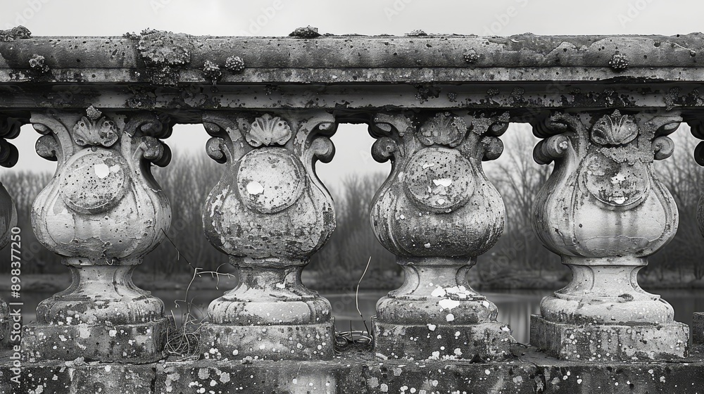 Black and white photo of an old stone balustrade with decorative detail ...