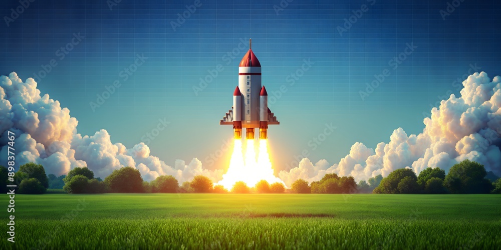 16bit pixelated rocket ship blasting off in front of meadow AI ...