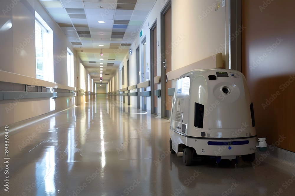 An automated cleaning robot disinfecting a hospital corridor ...