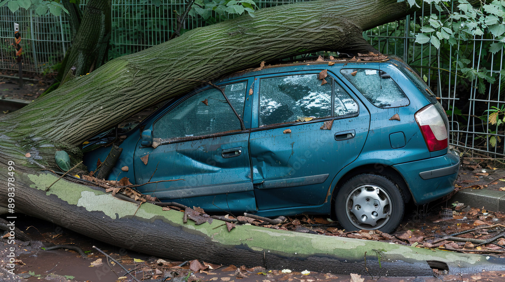Car damaged by fallen tree after severe storm natural disaster ...
