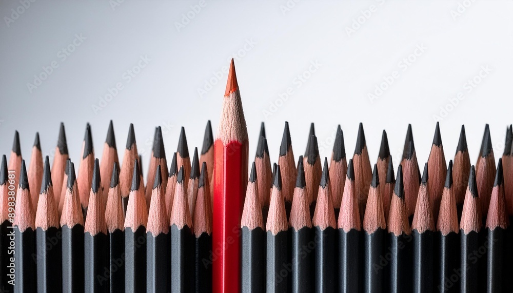 Conceptual image of a red pencil standing out from a crowd of identical ...