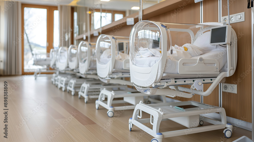 Neonatal intensive care unit with a row of incubators containing ...