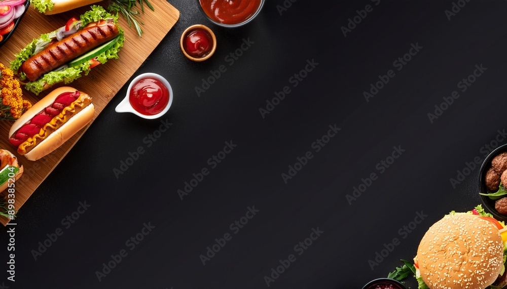 Summer BBQ food corner border with hot dog and hamburger buffet Top ...