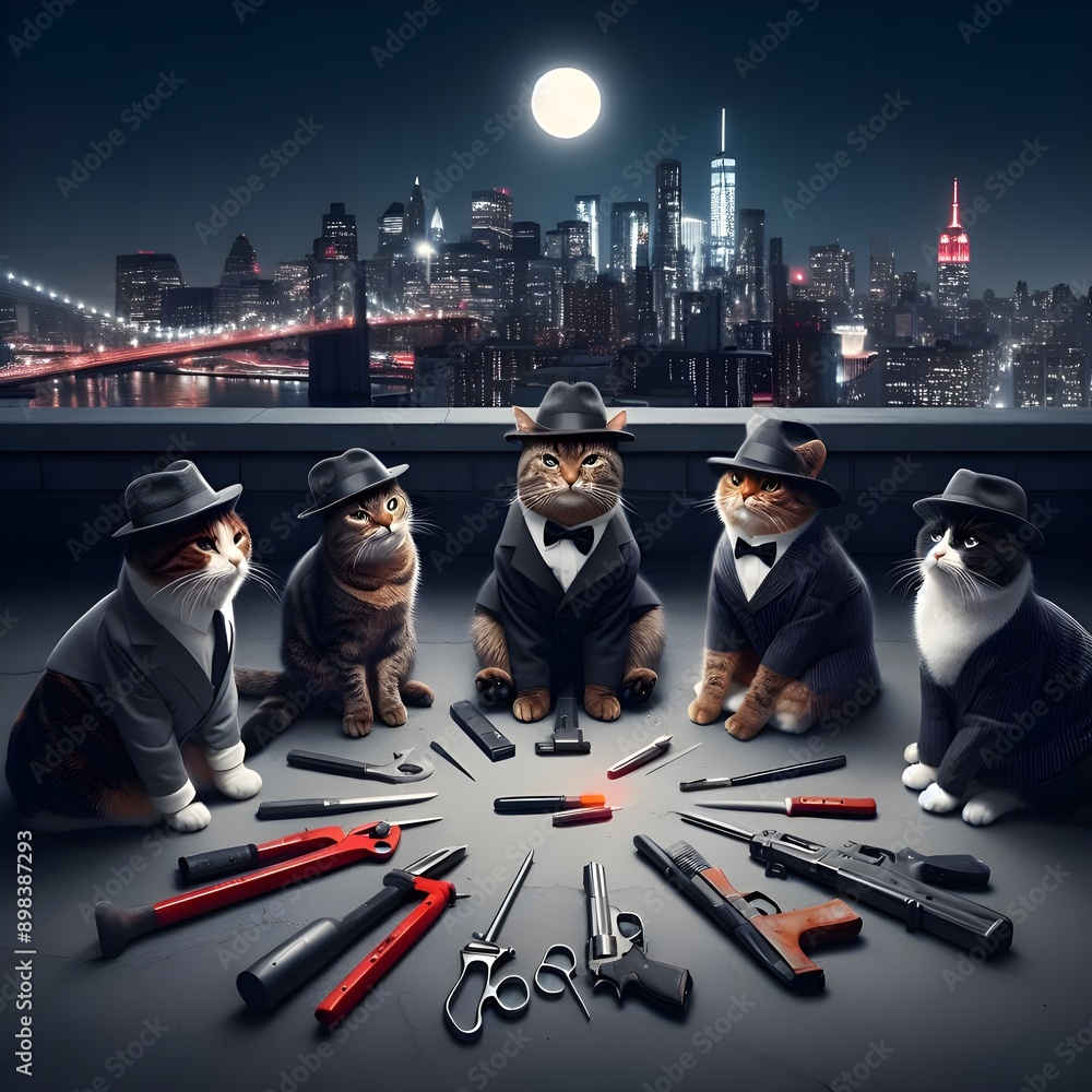 A group of armed Cats wearing suits and hats at night holding guns and ...