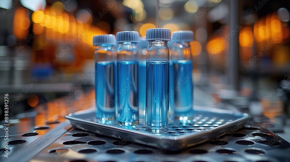 Blue Liquid Vials on Metal Tray. Vials filled with blue liquid are ...