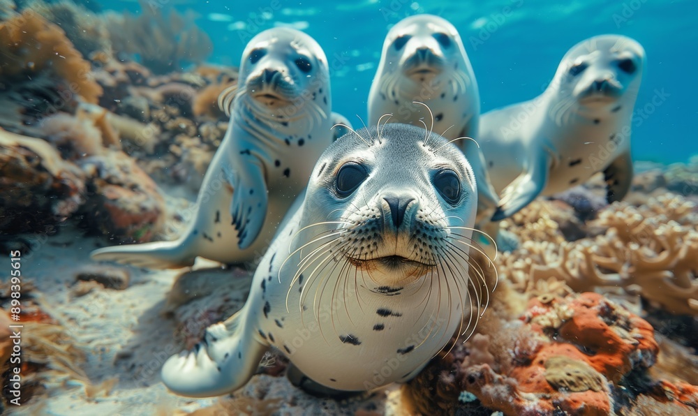 seals group in the coral reef, animals of the underwater sea world ...