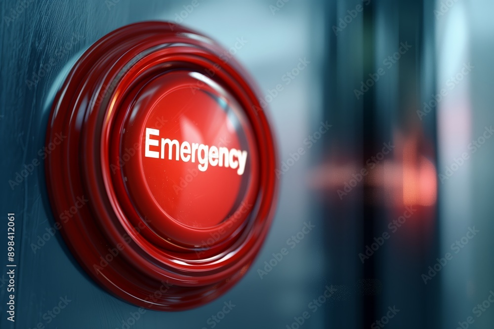 A close-up view of an emergency button with a glowing red light ...