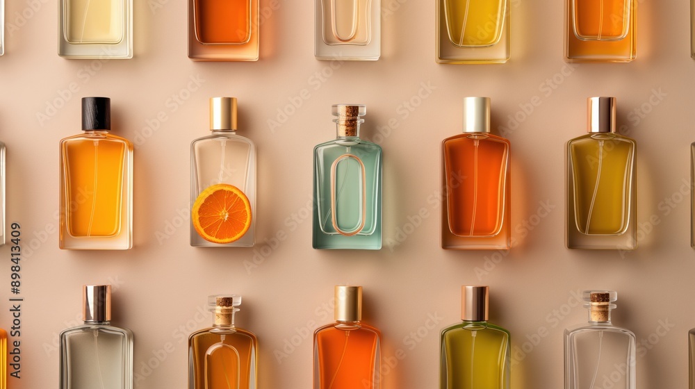 Various glass perfume bottles with different colored liquids arranged ...