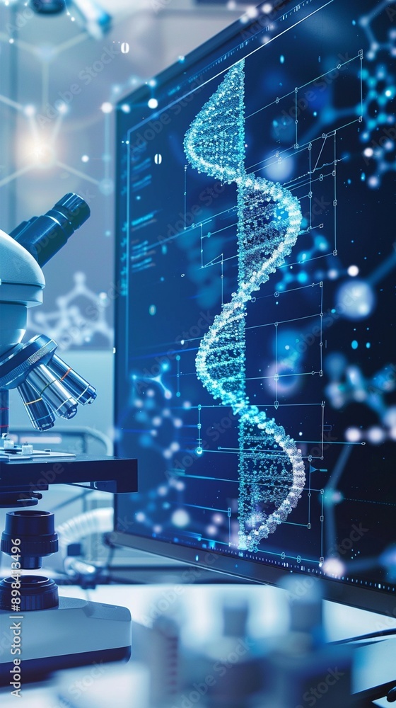 Digital representation of DNA helix on computer screen in modern ...
