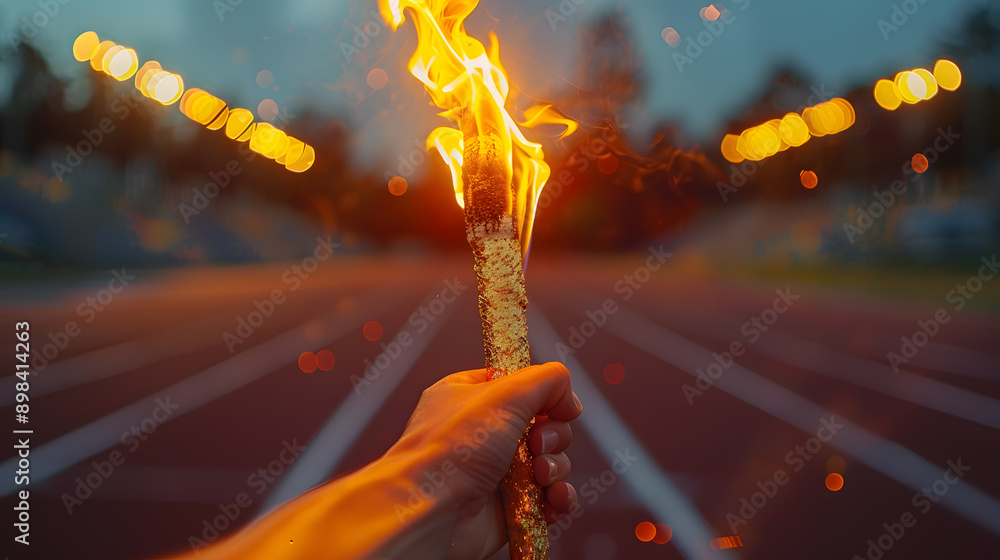Athlete hand holding golden torch with burning flame blur running track ...