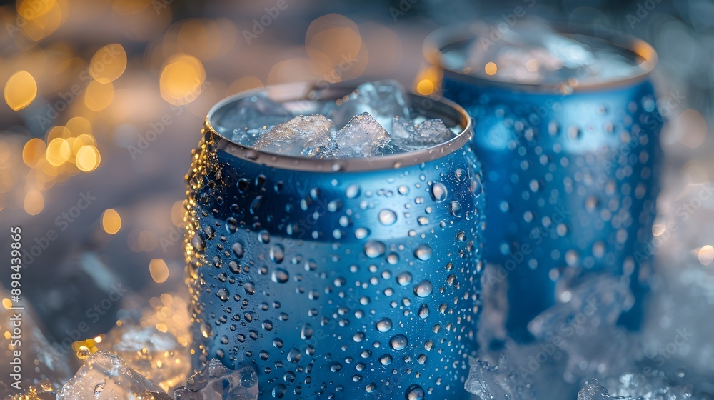 Frosty beverage cans, crushed ice background, translucent ice cubes ...
