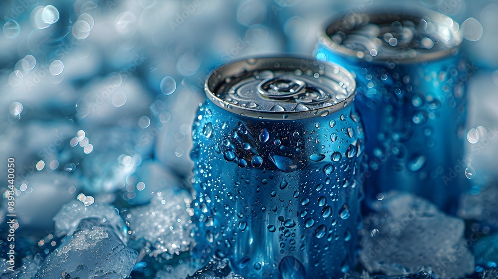 Frosty beverage cans, crushed ice background, translucent ice cubes ...