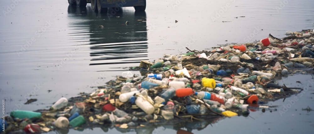 Garbage dump in the river and tractor. Pollution concept. Plastic trash ...