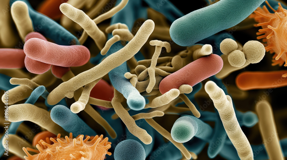 Highly magnified view of various bacteria, displaying diverse shapes ...