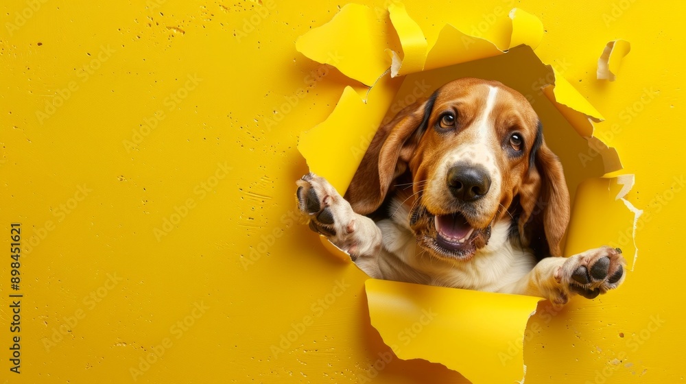 Cute basset hound dog breaking through yellow paper background. Fun and ...