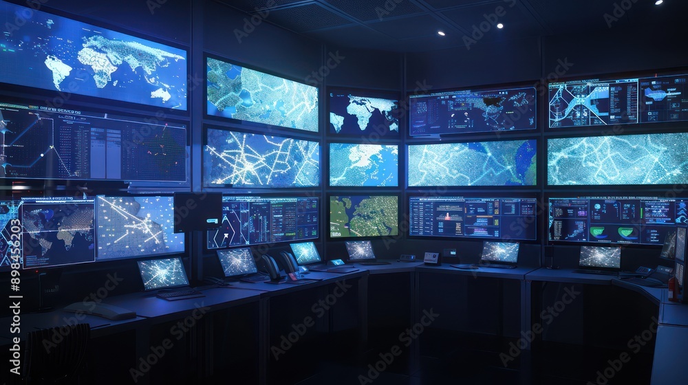 digital strategy room for virtual military planning, with maps and ...