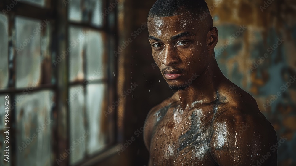 A muscular man, dripping wet with water, stands by a large window ...
