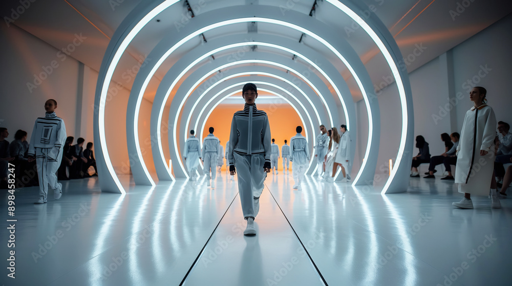 Models walking down a futuristic runway with illuminated arches and an ...